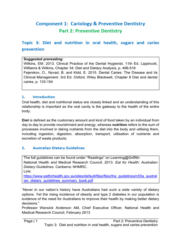 Notes - Preventive Dentistry Topic 3 - Diet and Nutrition in Oral ...