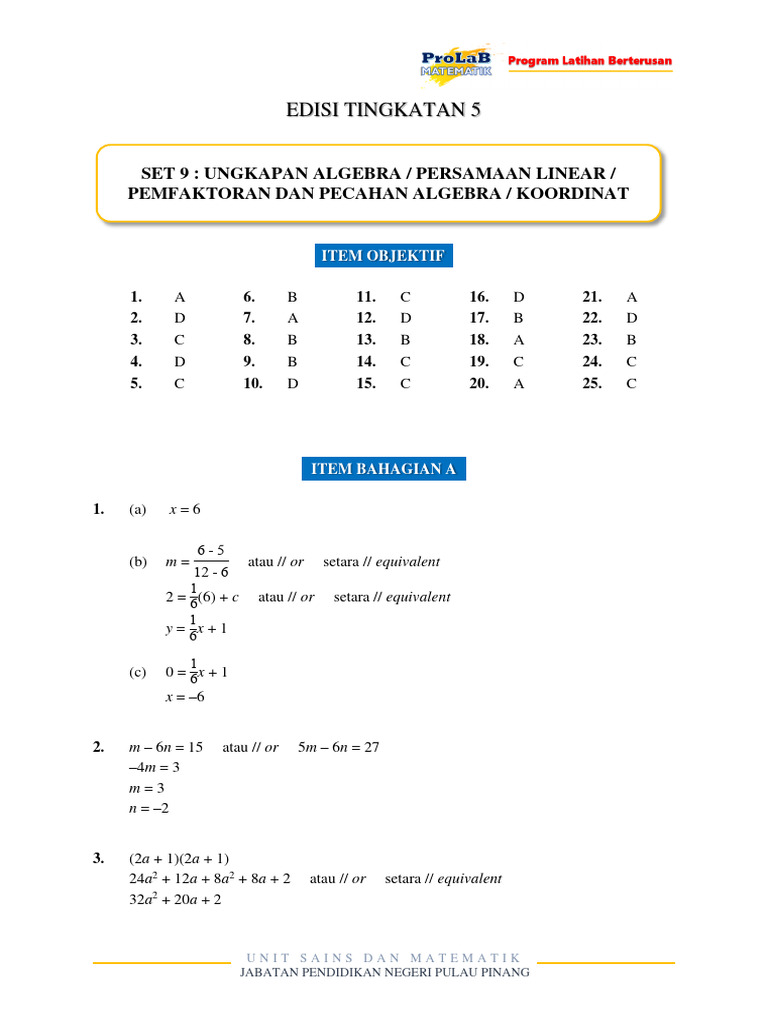 Set 9 Tingkatan 5 Skema SPM Math | PDF