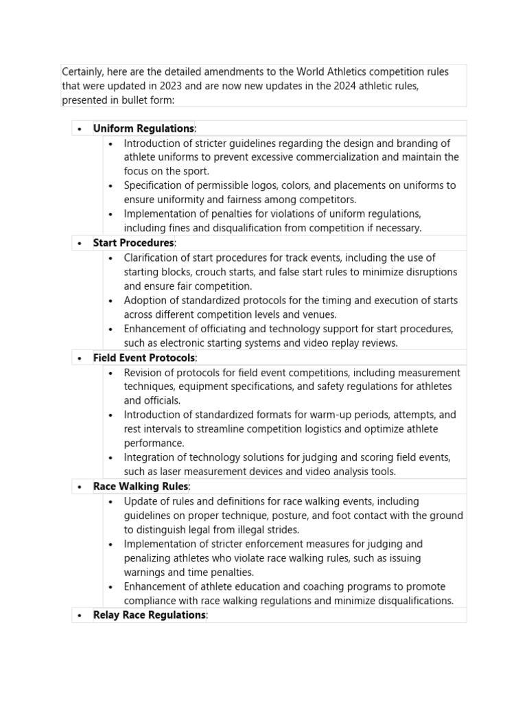 2024 World Athletics Rule Amendments | PDF | Track And Field | Safety