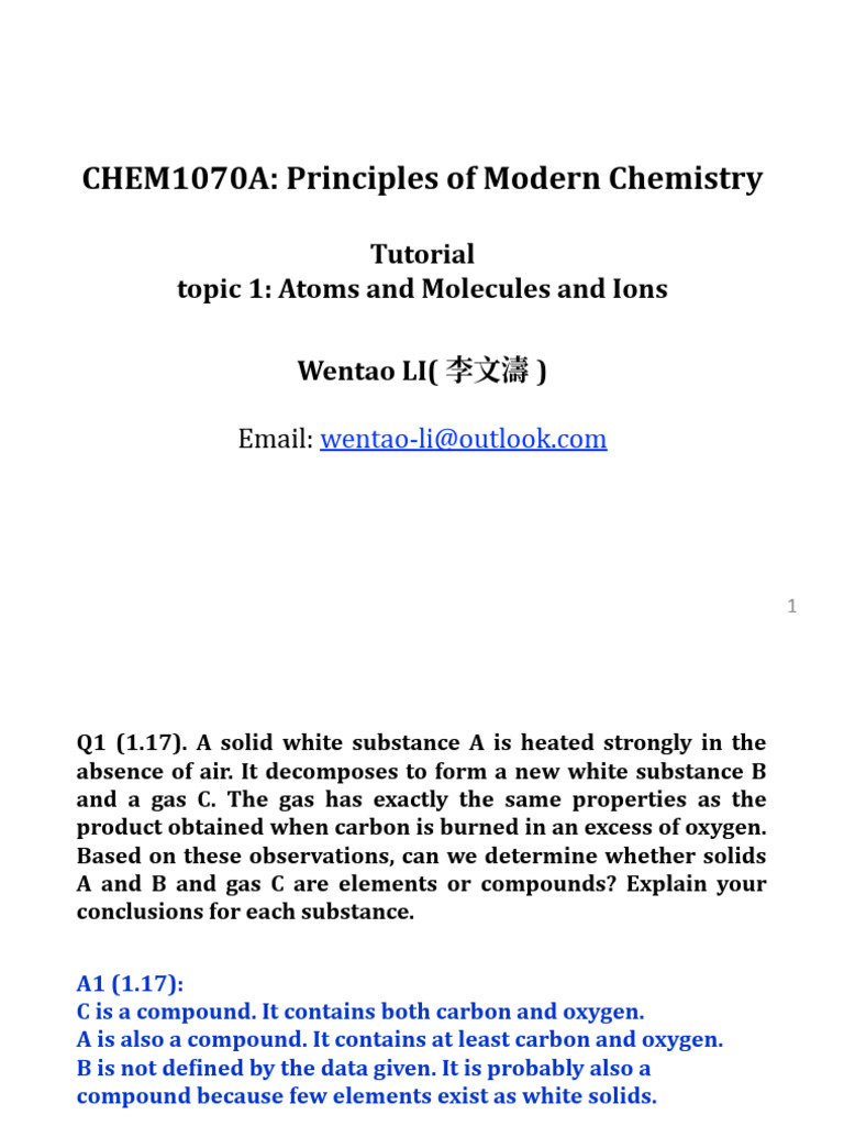CHEM1070A: Principles of Modern Chemistry: Tutorial Topic 1: Atoms and Molecules and Ions | PDF ...