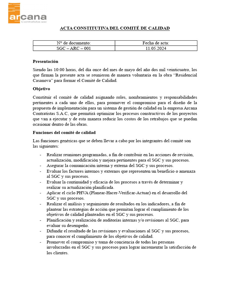 Acta Constitutiva Comité de Calidad | PDF | Sistema de manejo de calidad | Planificación