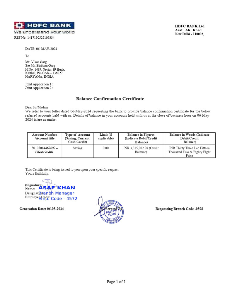 Vikas Garg Balance Certificate | PDF | Finance & Money Management