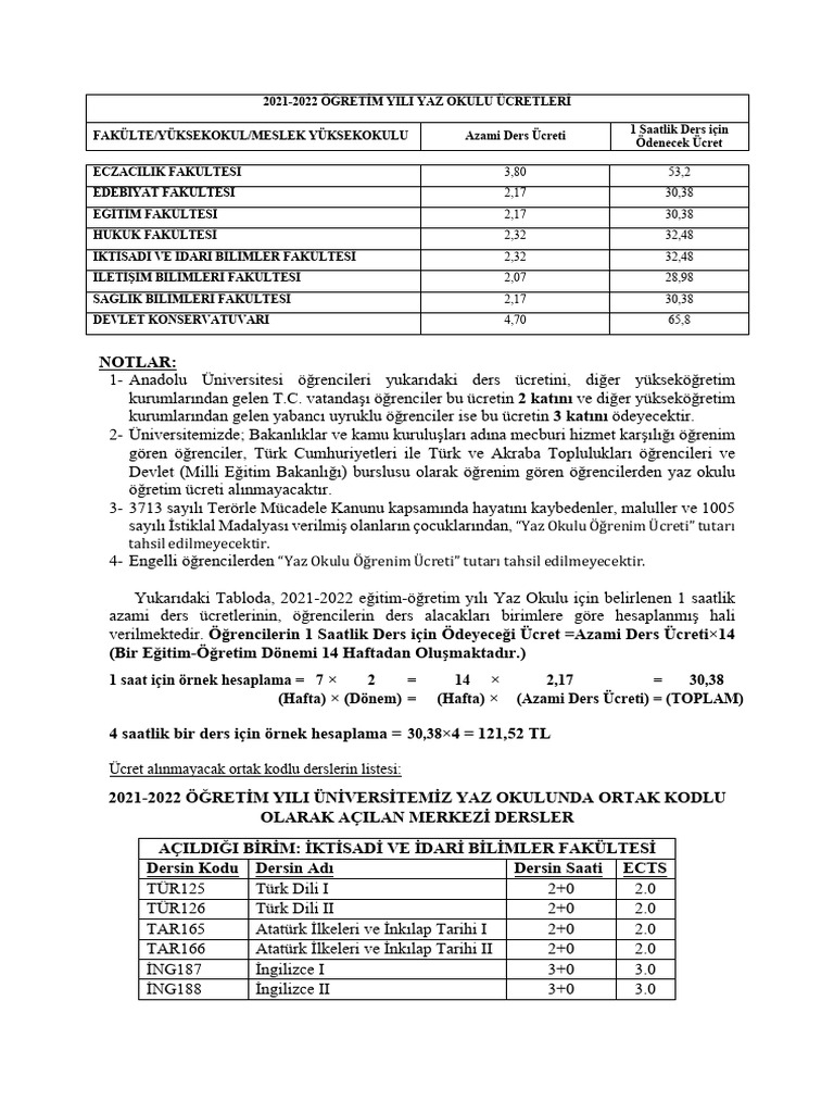 Yaz Okulu Ücretler Aöf | PDF