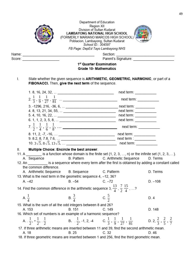 Math 1st Quarter Exam | PDF | Mean | Mathematical Concepts