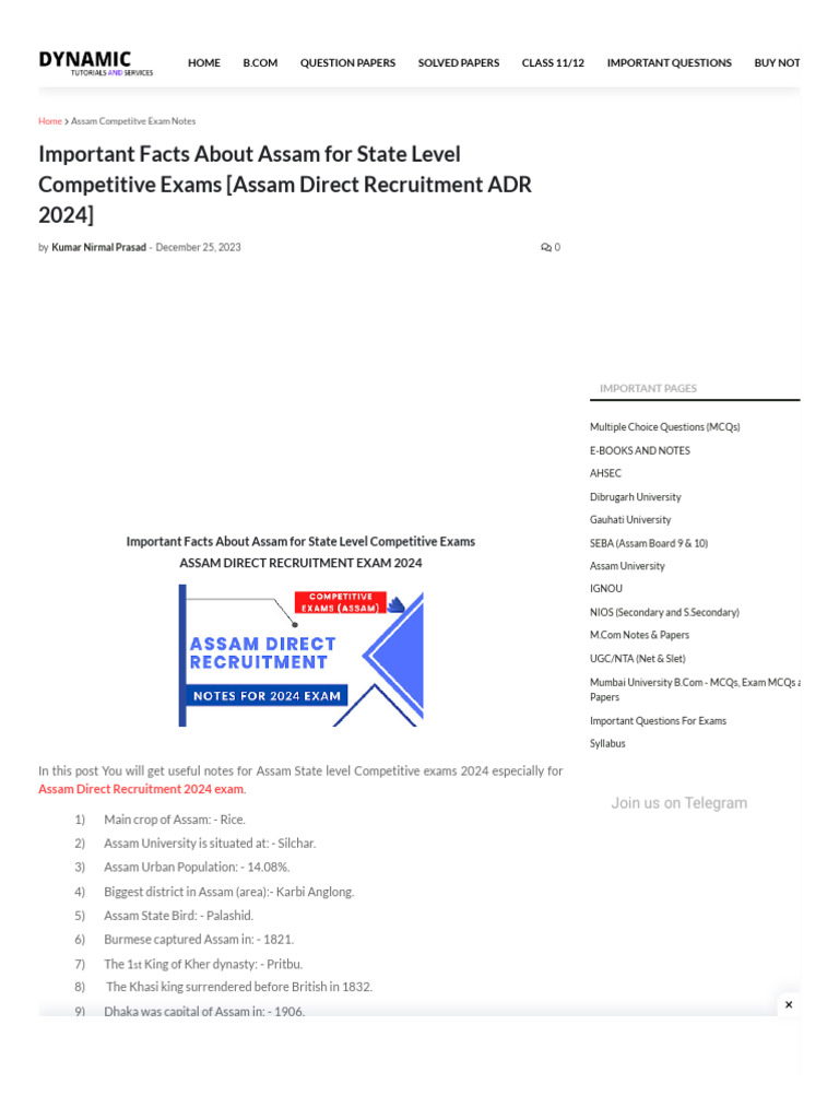 Important Facts About Assam For State Level Competitive Exams (Assam Direct Recruitment ADR 2024 ...