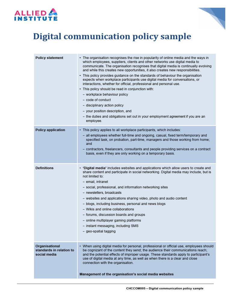 CHCCOM005 Digital Communication Policy Sample.v1.0 | PDF | Mass Media ...