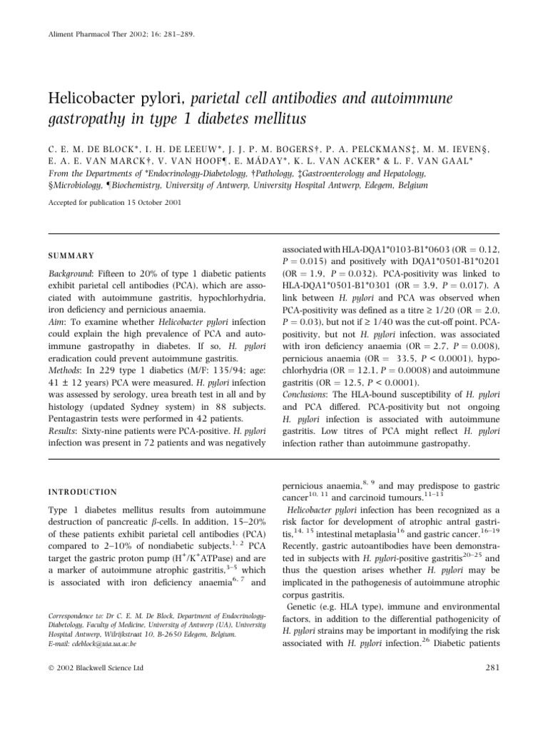 Aliment Pharmacol Ther - 2002 - de Block - Helicobacter Pylori Parietal ...