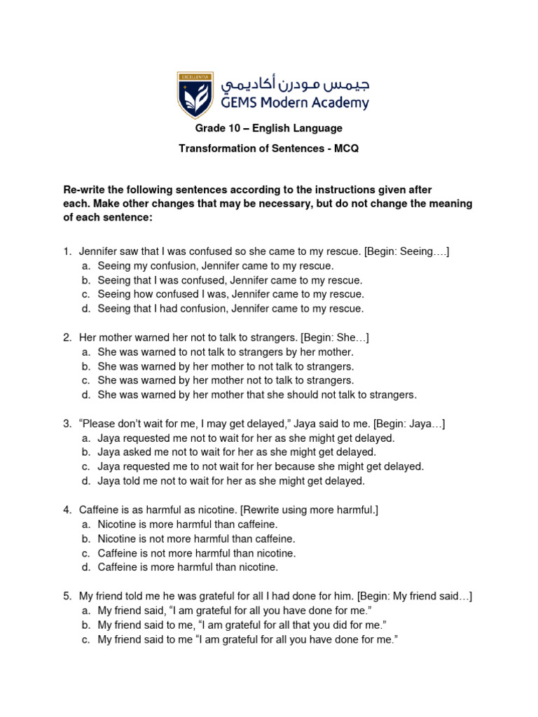 Transformation of Sentences MCQ | PDF