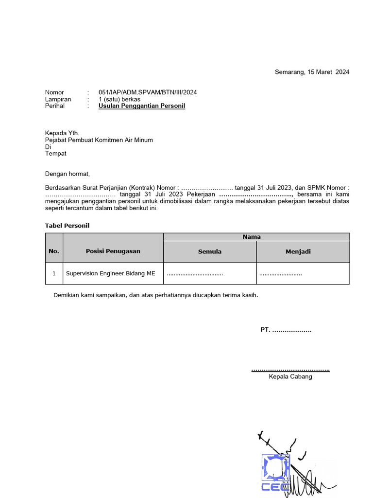 Contoh Surat Pergantian Personil | PDF | Teknologi & Rekayasa