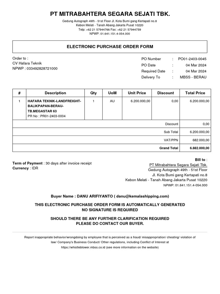 Electronic Purchase Order: PT Mitrabahtera | PDF | Supply Chain ...