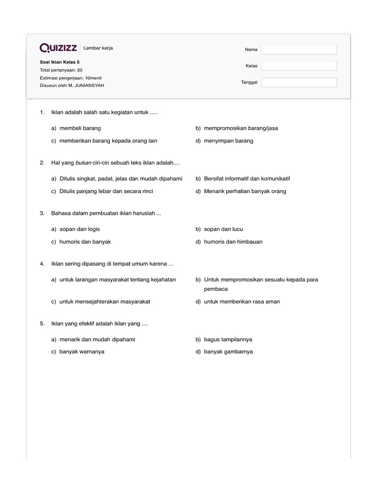 Soal Iklan Kelas 5 - Quizizz | PDF