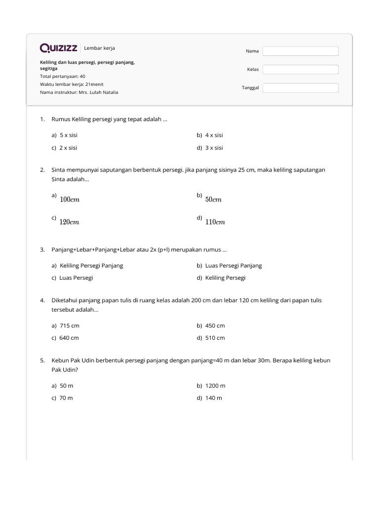Keliling Dan Luas Persegi, Persegi Panjang, Segitiga - Quizizz | PDF | Metode & Bahan Ajar