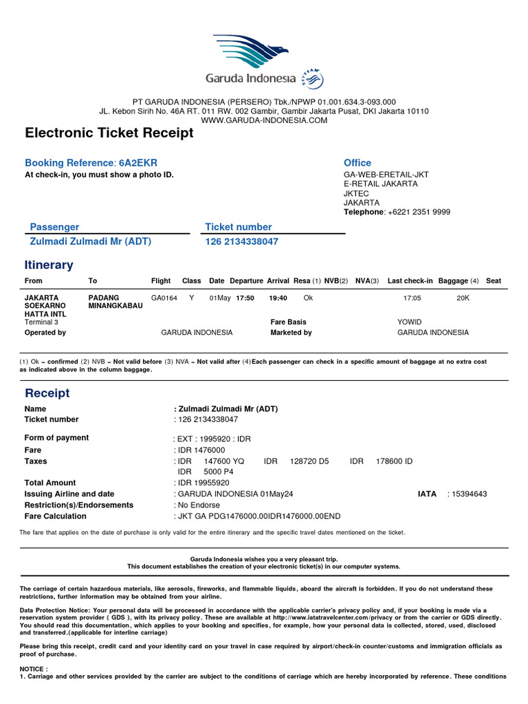 Tiket Zullmaidi CGK PDG 1 Mei24 | PDF | Dangerous Goods