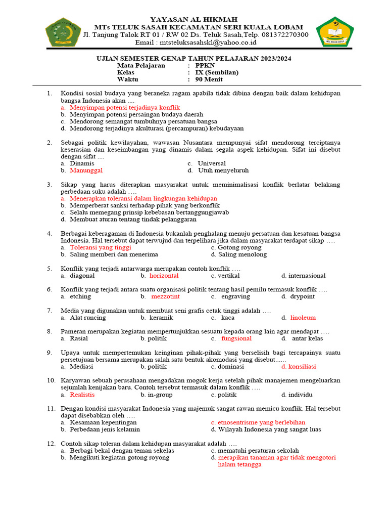 Soal PKN Kelas 9 Semester Genap 2023-2024 | PDF | Politik