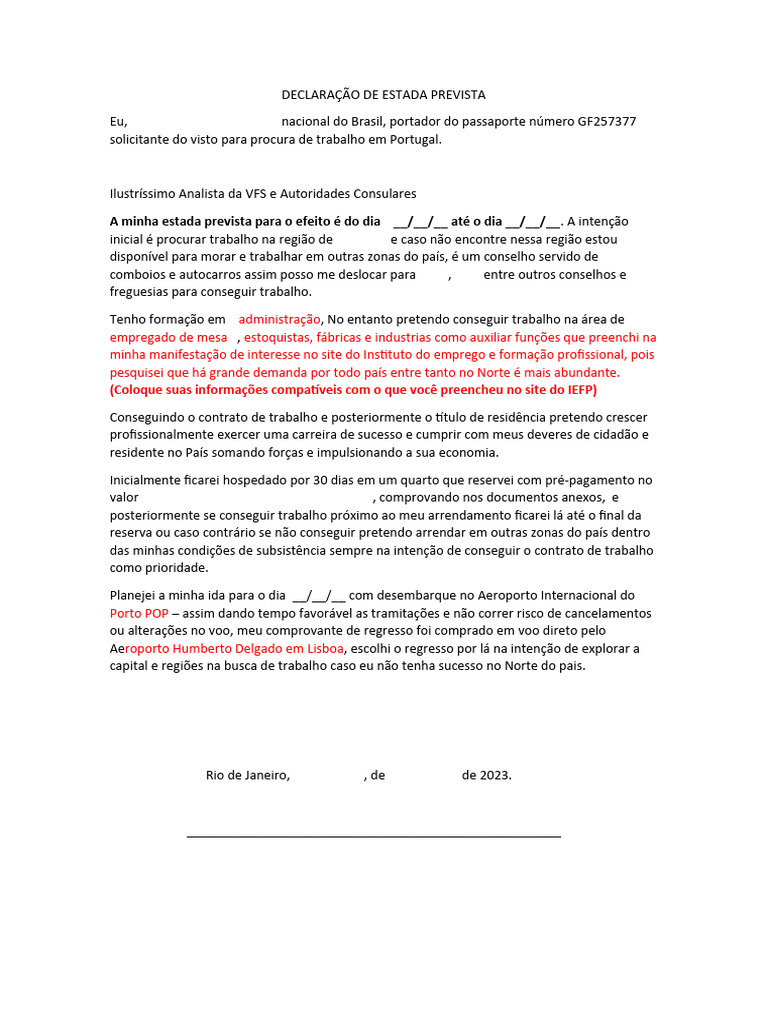 Declaração de Estada Prevista para Visto | PDF | Carreira e Crescimento ...
