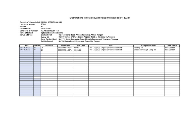 Examinations Timetable (Cambridge International ON 2023) | PDF