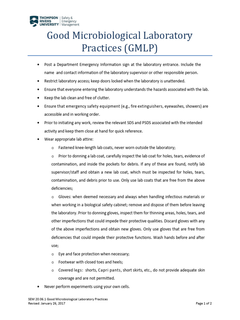Good Microbiological Lab Practices | PDF | Laboratories | Personal ...