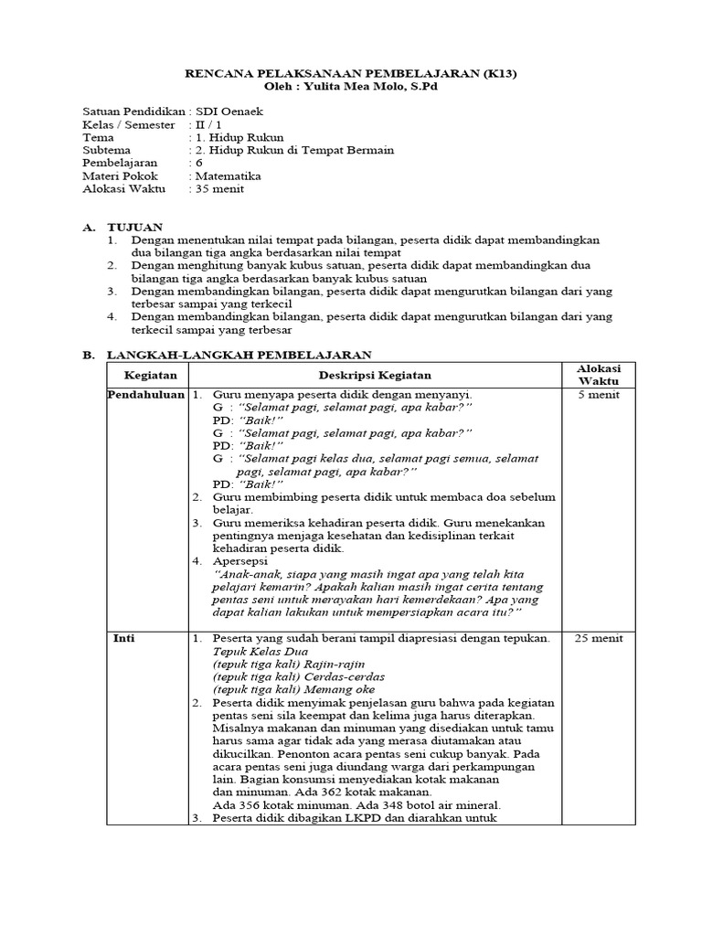 1 RPP Kelas 2 Tema 1 Sub 2 PB 6 | PDF