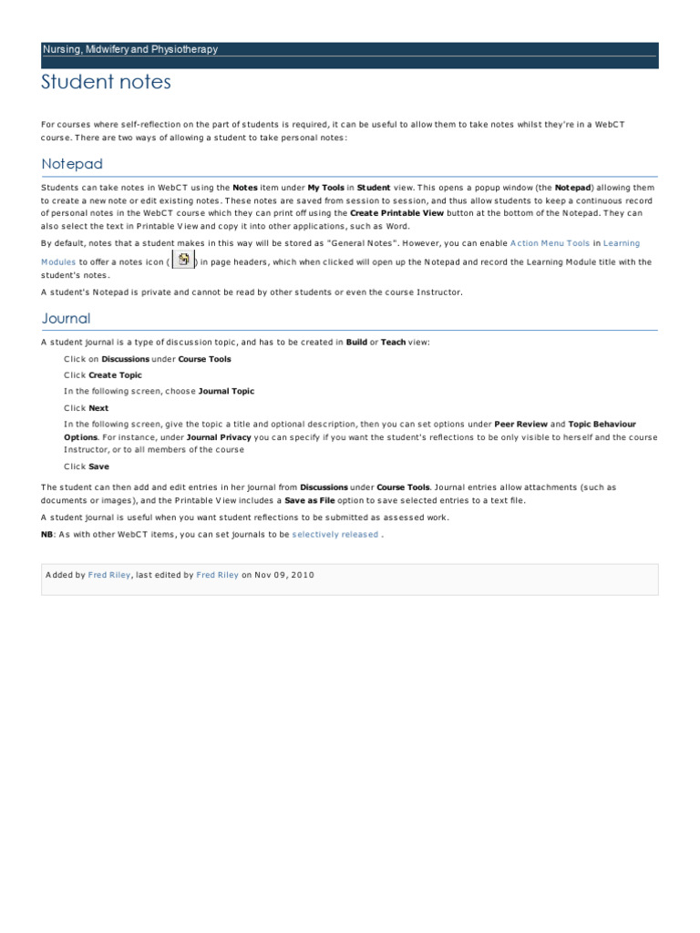 Student Note-Taking in WebCT | PDF