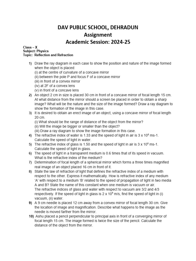 Class 10 Physics Holiday Homework | PDF | Mirror | Optics