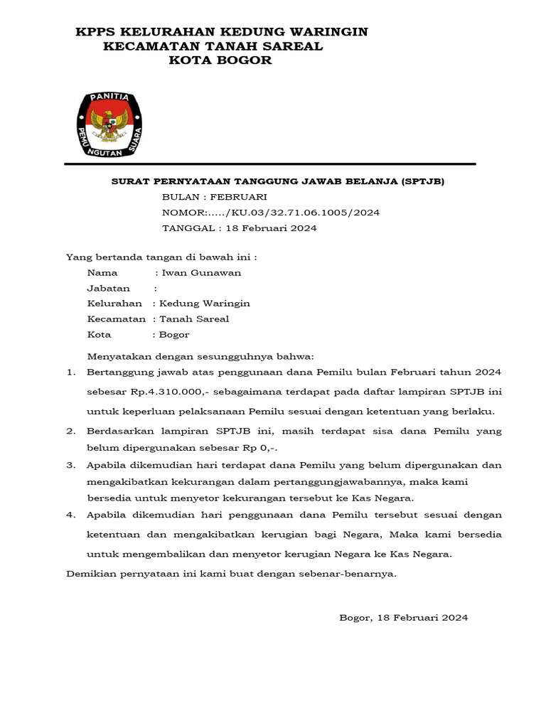 SPJ Bop Kpps 26 Kelurahan Kedung Waringin | PDF