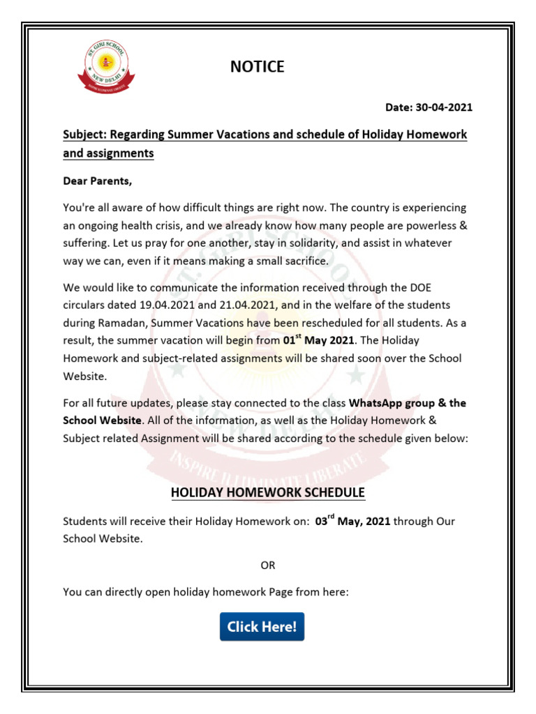 Notice Summer Vacations 2021 2022 | PDF