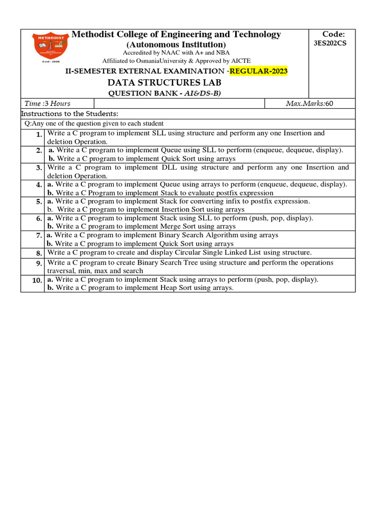 Data Structures Lab Exam Guide | PDF | Art | Technology & Engineering