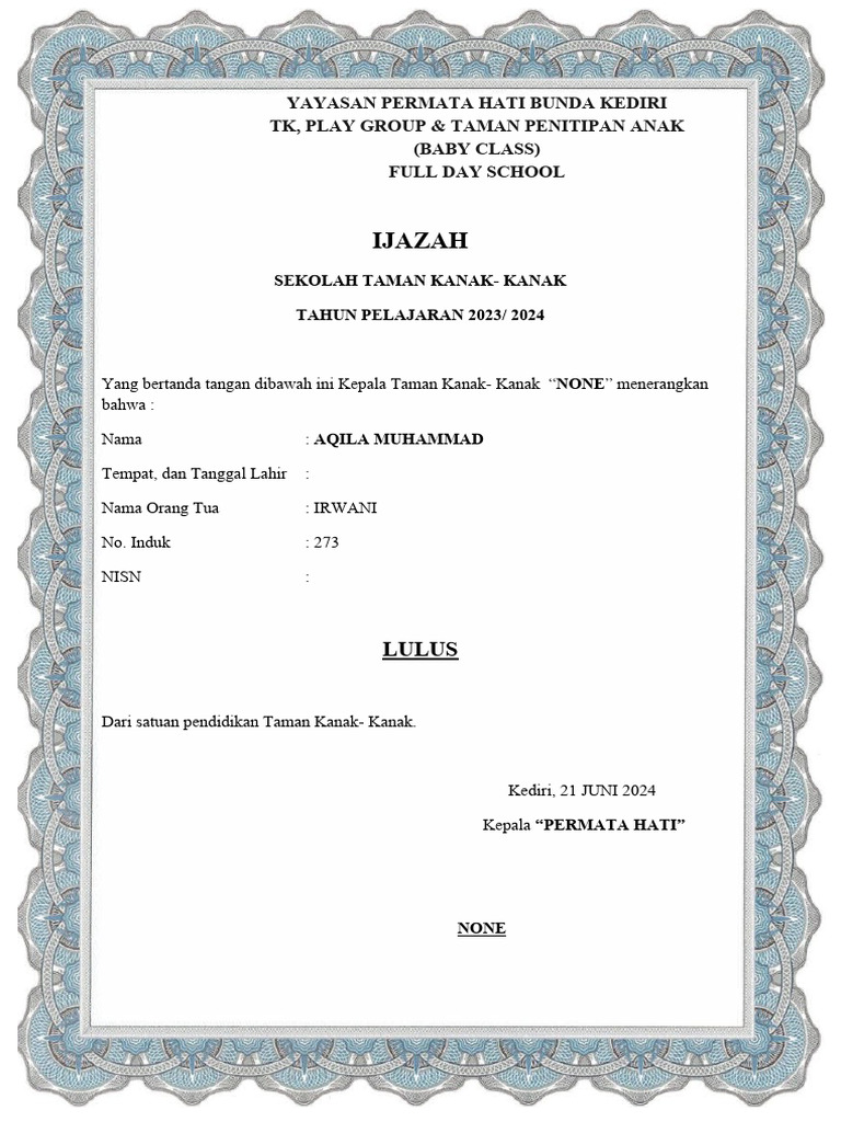 Contoh Ijazah TK 2024 Permata Hati | PDF
