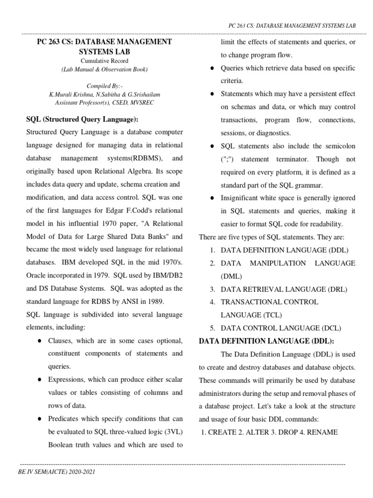 DBMS Lab Record 2020-21-Final | PDF | Parameter (Computer Programming) | Sql