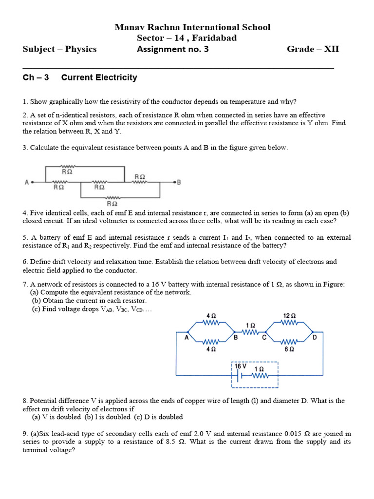 Physics Assignment: Current Electricity | PDF | Electrical Resistance And Conductance | Voltage