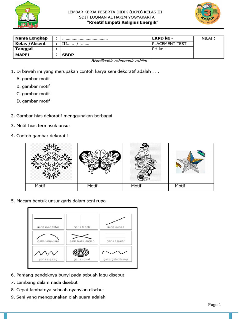 LK PAS SBDP 1 Kelas 3 Utk Siswa | PDF | Seni