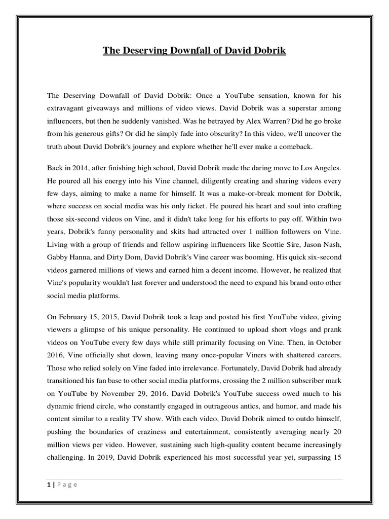 The Deserving Downfall of David Dobrik | PDF | You Tube | Vine (Service)