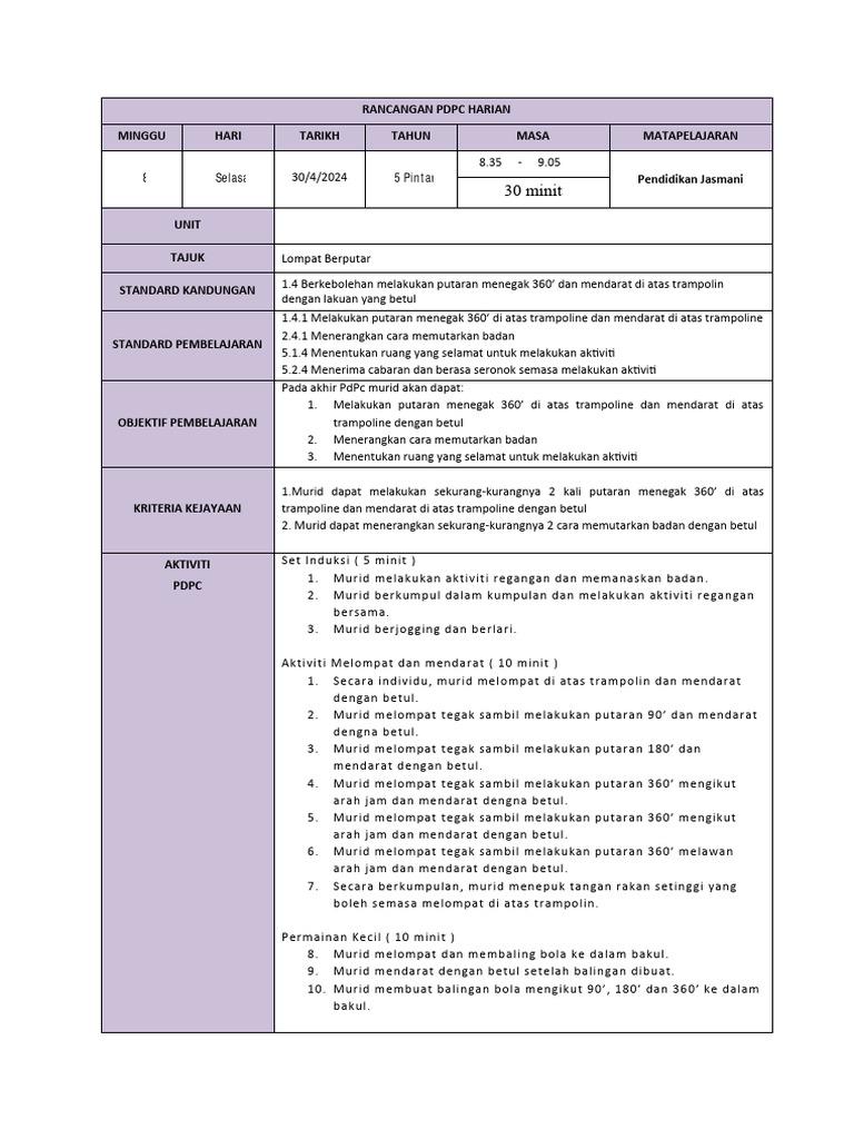 RPH PJ Tahun 5 (Trampolin) | PDF