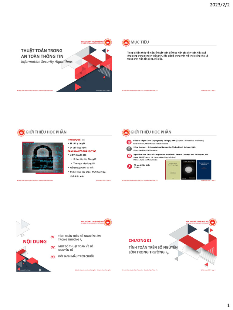 1 - Thuat - Toan - Trong - ATTT - Chương 1 Tính toán trên số nguyên lớn trong trường Fp - SV | PDF