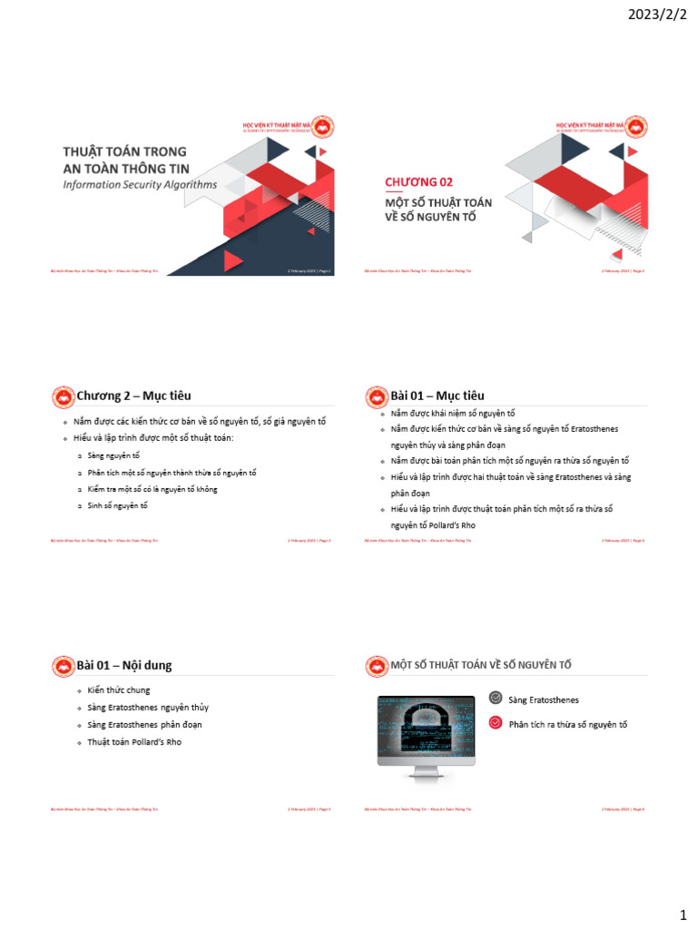 1 - Thuat - Toan - Trong - ATTT - Chương 2 Một số thuật toán về số nguyên tố - SV | PDF