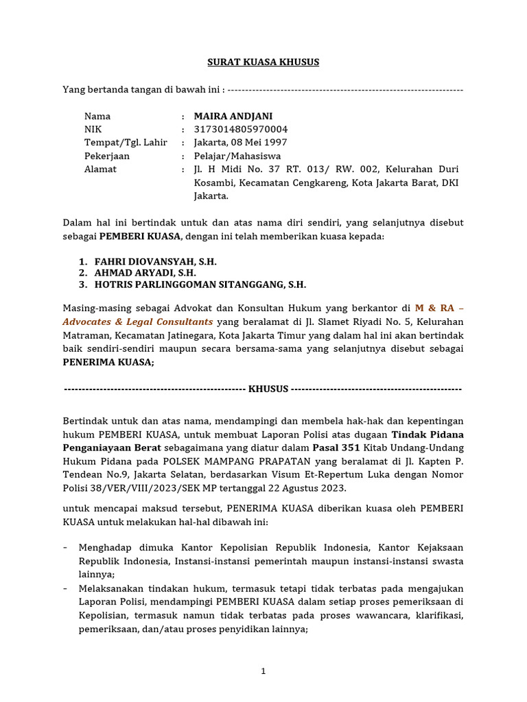 Surat Kuasa Khusus Maira Andjani (Pidana) | PDF
