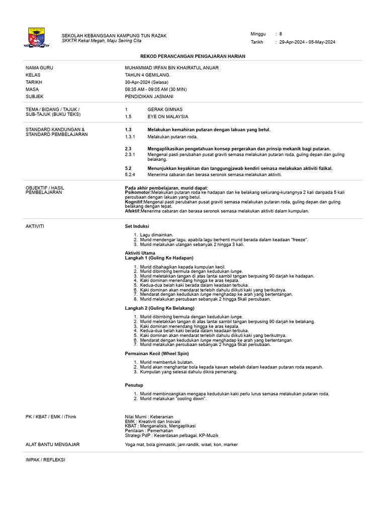 RPH PJ Tahun 4 (Gerak Gimnas) | PDF