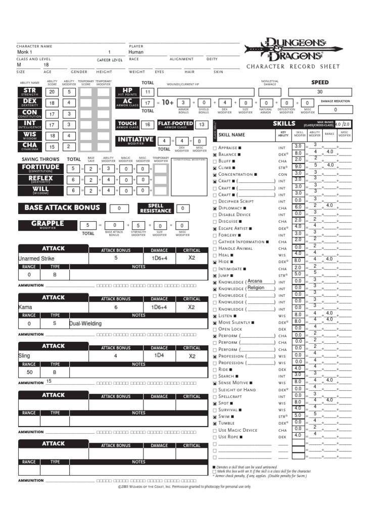 Monk Level One DND 3.5 | PDF | Role Playing | Role Playing Games