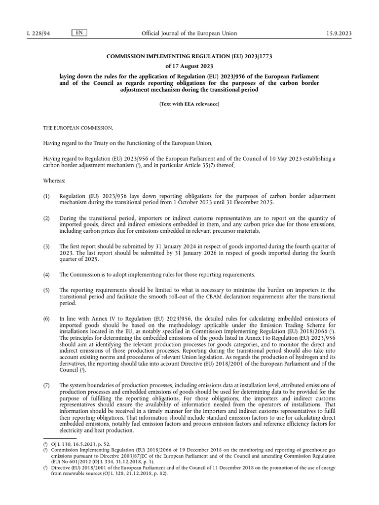 COMMISSION IMPLEMENTING REGULATION (EU) 2023 1773 | PDF | European Union