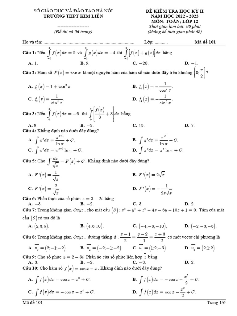 De Hoc Ky 2 Toan 12 Nam 2022 2023 Truong THPT Kim Lien Ha Noi | PDF