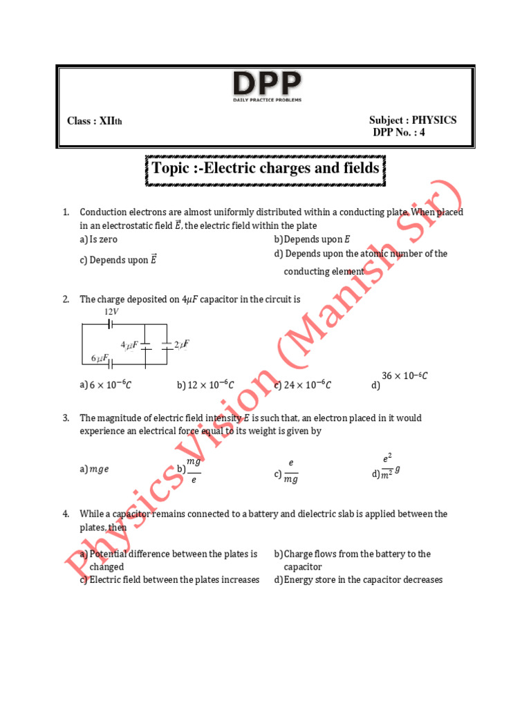 Electric Charge and Fields Dpp4 | PDF | Capacitor | Capacitance
