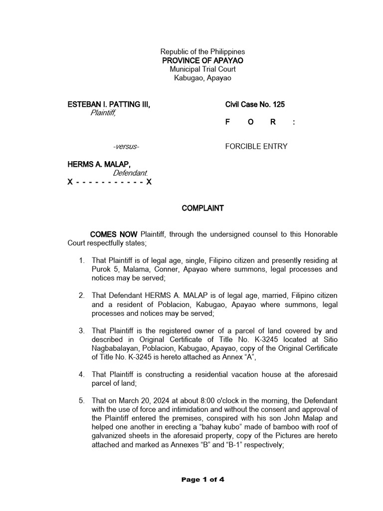 Forcible Entry - Complaint | PDF | Lawsuit | Complaint