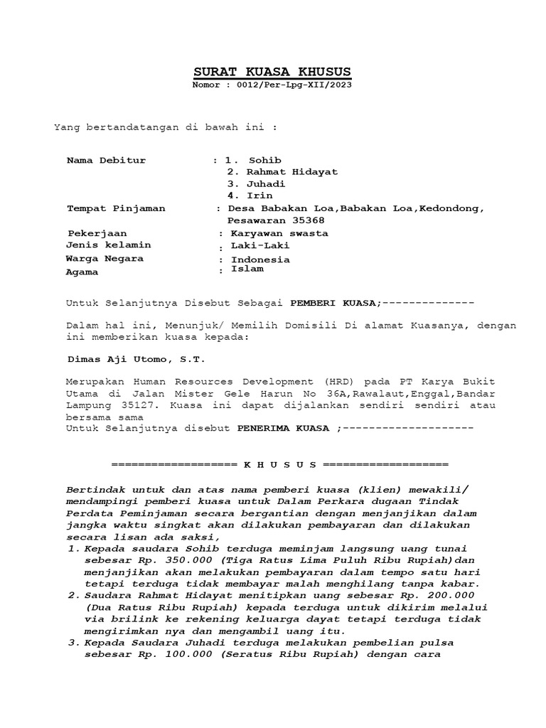 Surat Kuasa Penagihan Septiawan Nasyrullah | PDF