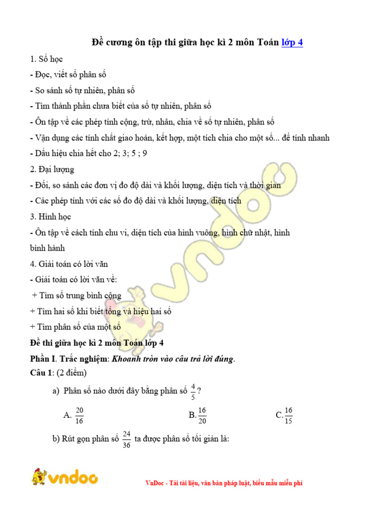 De Cuong On Tap Giua Hoc Ki 2 Lop 4 Mon Toan | PDF