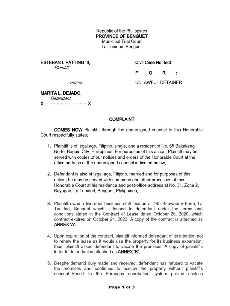 Unlawful Detainer - Complaint | PDF | Lawsuit | Complaint