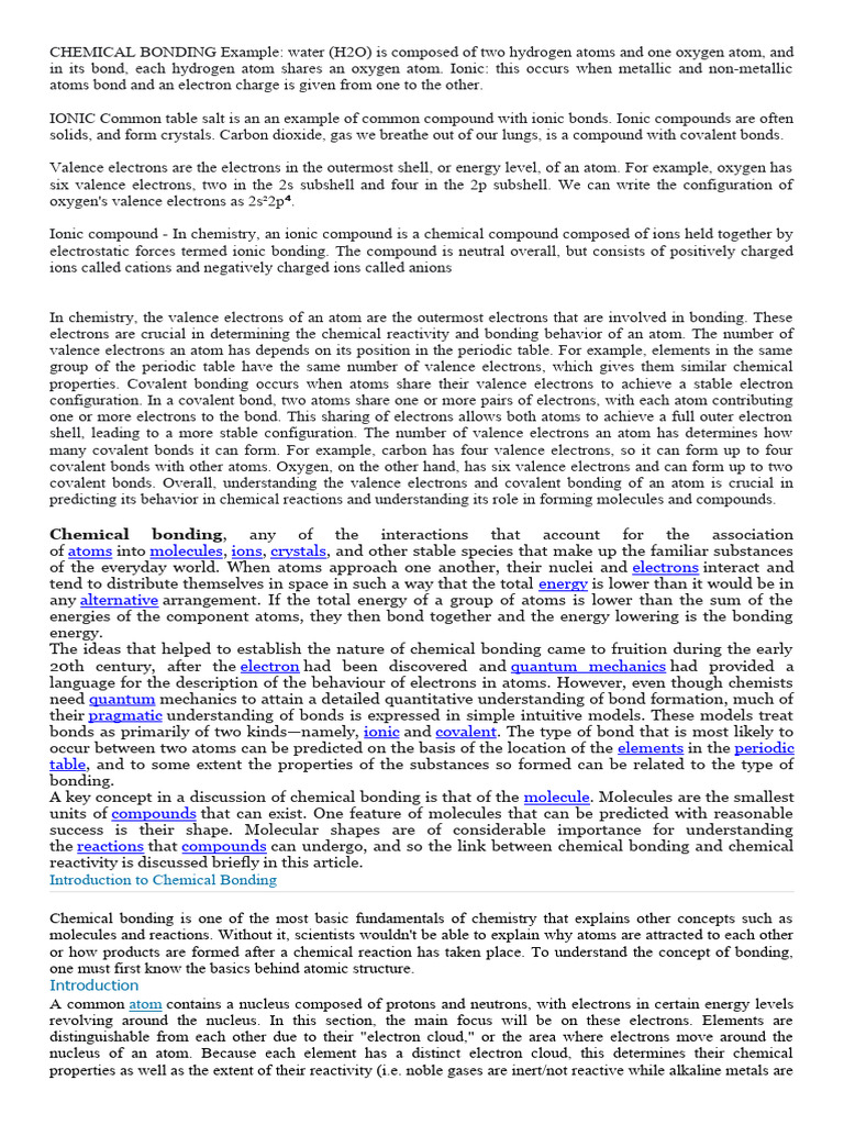 CHEMICAL BONDING - Draft | PDF | Ion | Chemical Bond