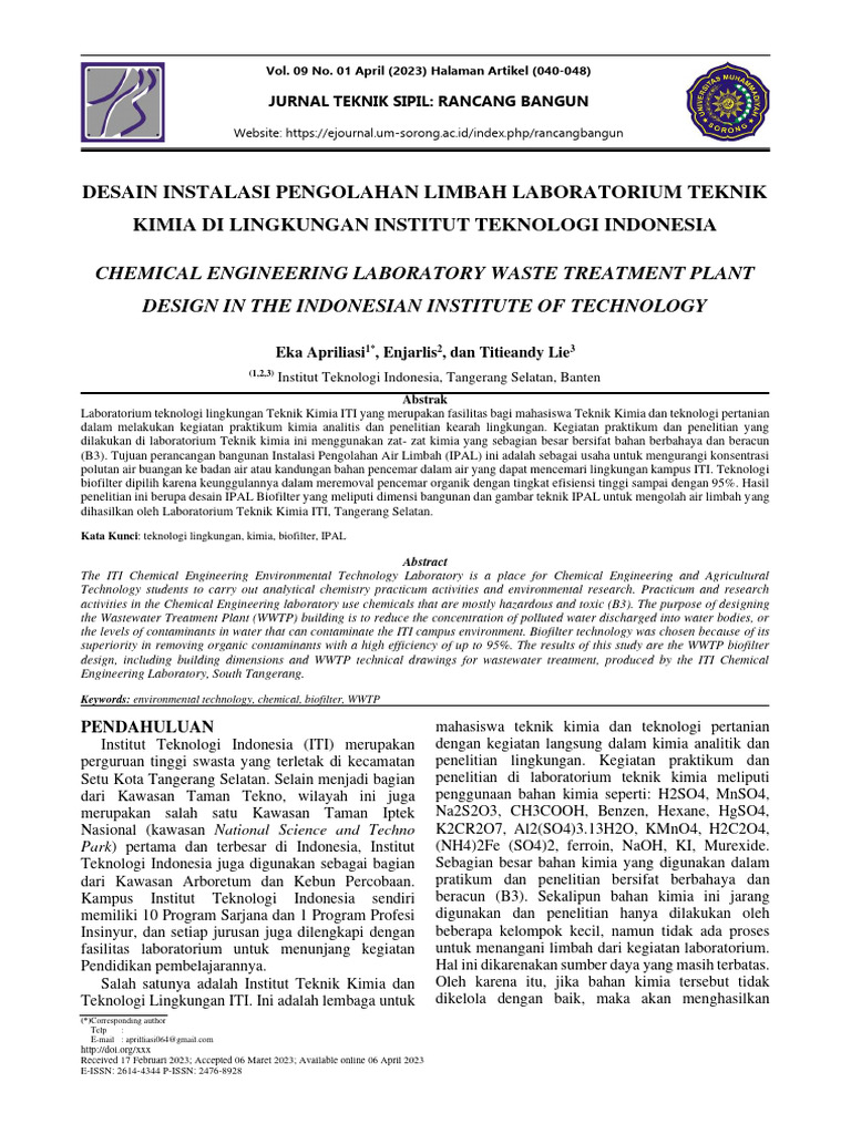 Desain Instalasi Pengolahan Limbah Laboratorium Teknik Kimia Di Lingkungan Institut Teknologi ...