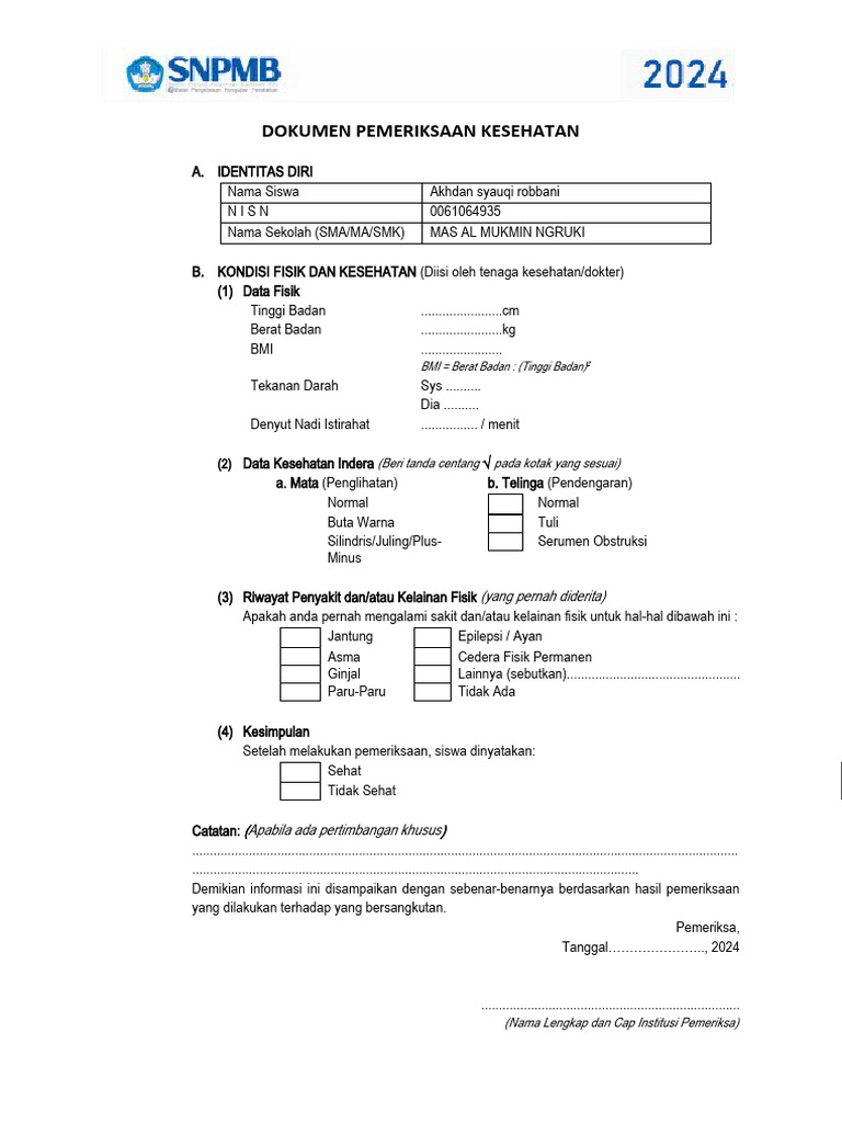 00 Final TEMPLATE DOKUMEN PEMERIKSAAN KESEHATAN (2024) | PDF