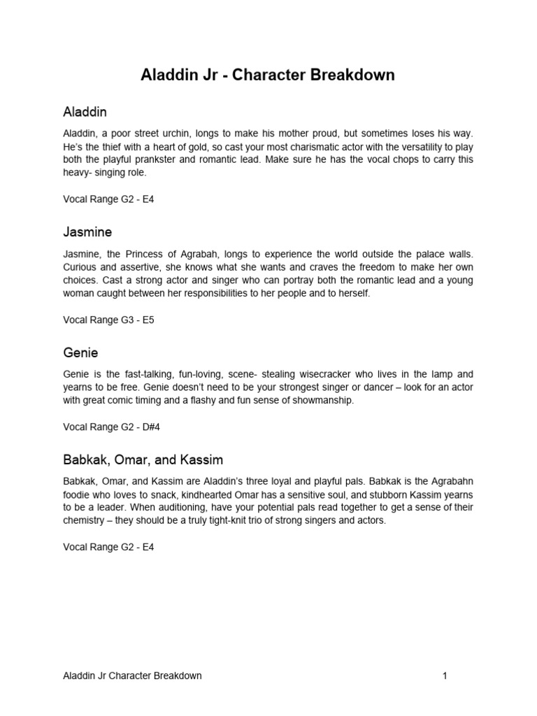 Aladdin JR Character Breakdown | PDF | Characters Created