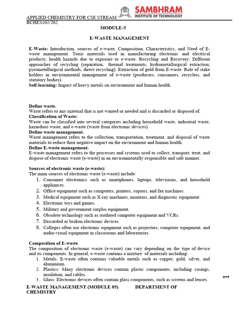 Notes - Module 5-E-Waste Management | PDF | Electronic Waste | Waste